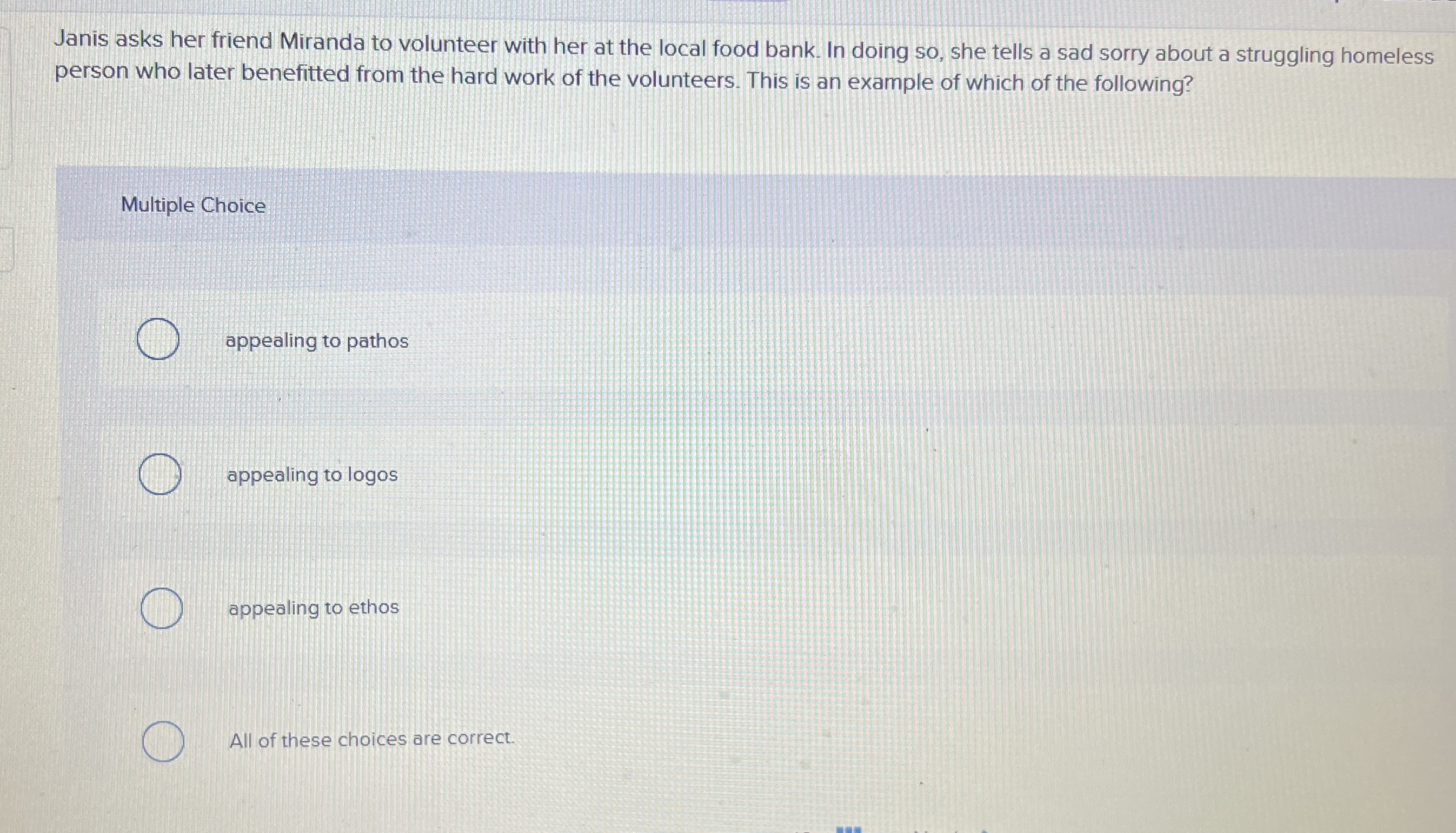 Solved Janis asks her friend Miranda to volunteer with her | Chegg.com