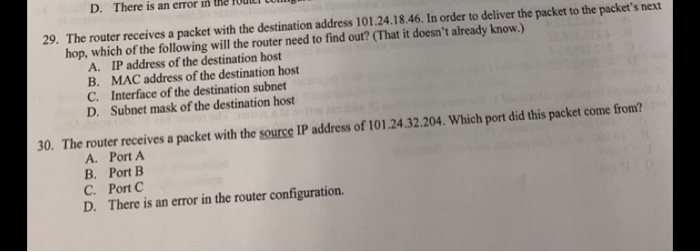 Solved 29. The router receives a packet with the destination | Chegg.com