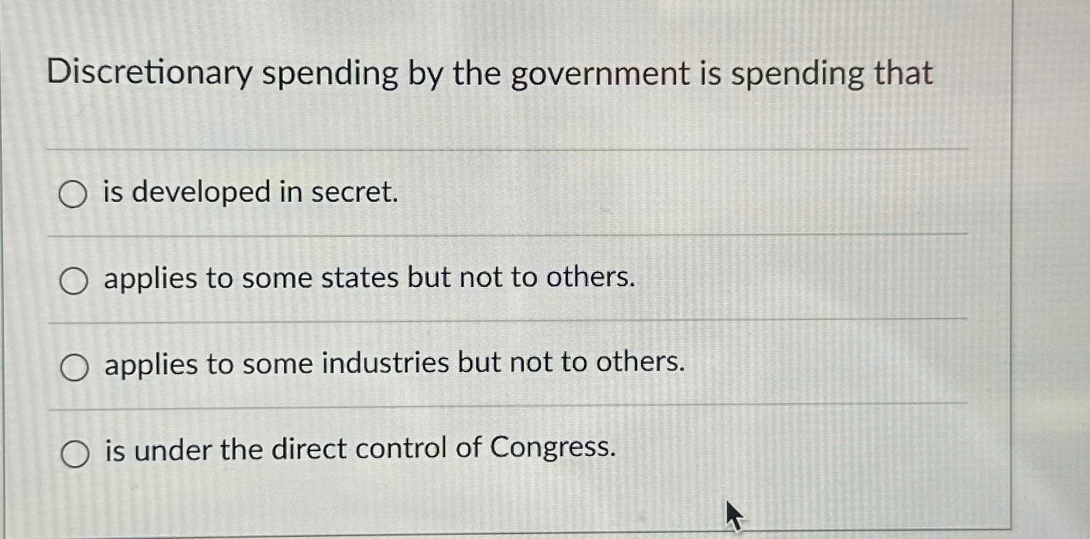 Solved Discretionary spending by the government is spending | Chegg.com