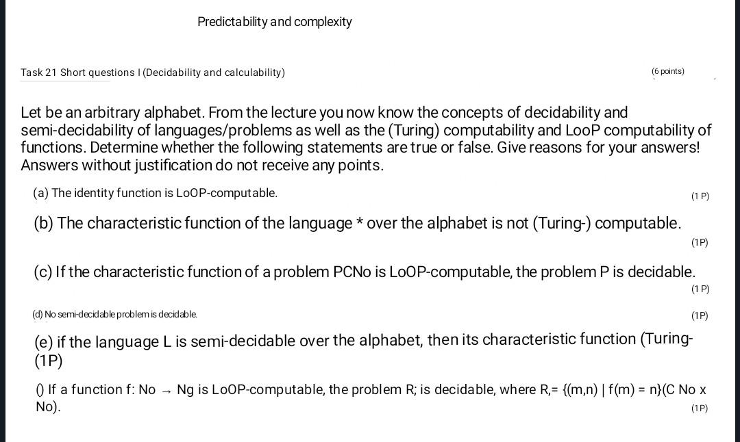 Solved Task 21 Short questions I (Decidability and | Chegg.com