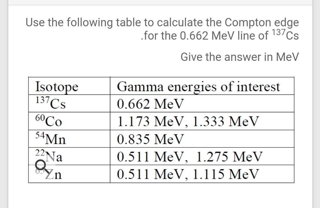 Solved Use the following table to calculate the Compton edge | Chegg.com