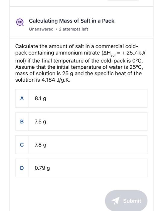 Solved Calculating Mass of Salt in a Pack Unanswered ⋅2 | Chegg.com