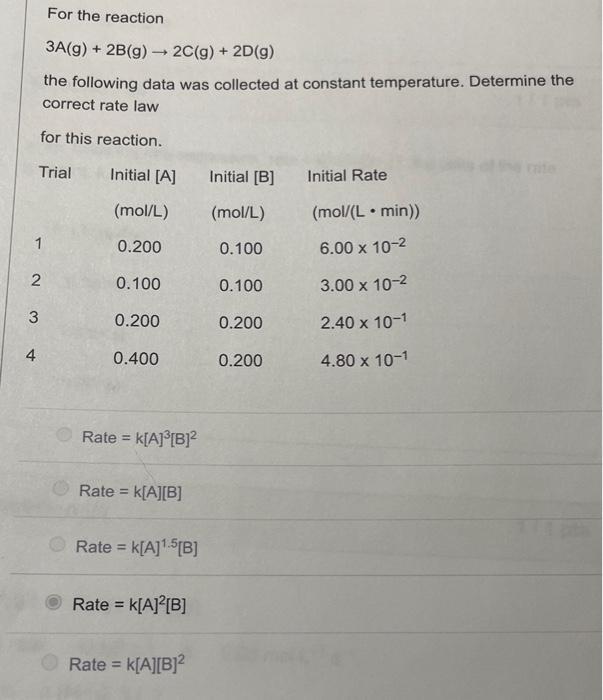 Solved For the reaction 3 A( g)+2 B( g)→2C(g)+2D(g) the | Chegg.com