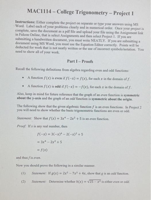Solved MAC1114 - College Trigonometry - Project 1 | Chegg.com