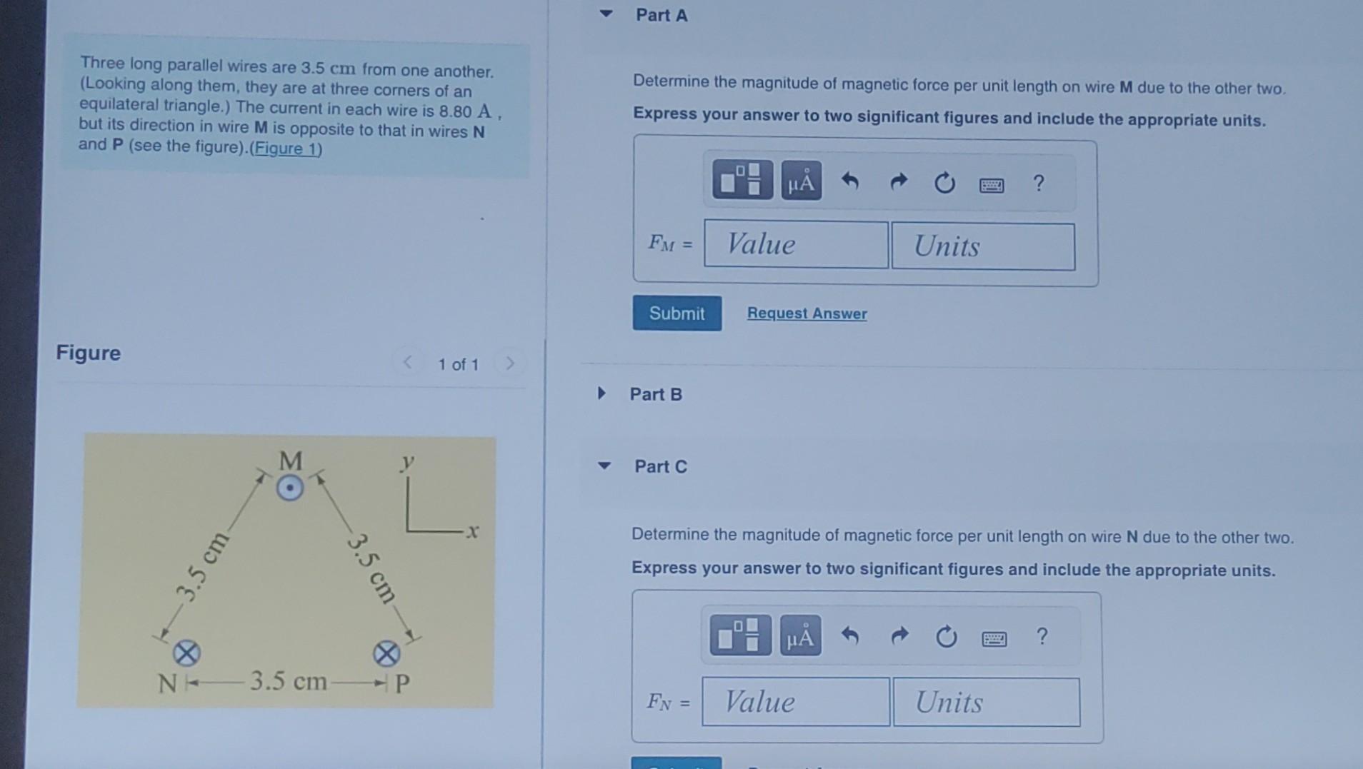 Solved Three long parallel wires are 3.5 cm from one | Chegg.com
