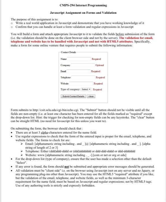 CMPS-294 Internet Programming Javascript Assignment | Chegg.com