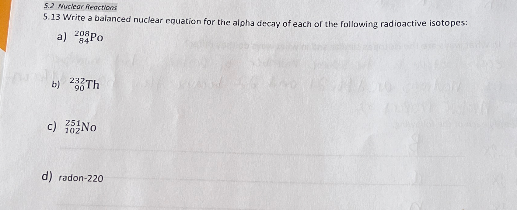 Solved 5.2 ﻿Nuclear Reactions5.13 ﻿Write a balanced nuclear | Chegg.com