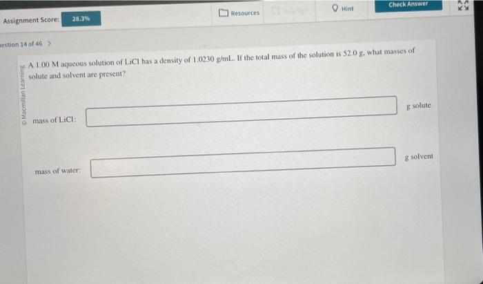 Solved A 1.00M aqueous solution of LiCl has a density of | Chegg.com