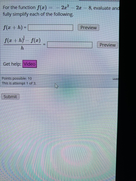 Solved For the function f(x) = - 2x² – 2x – 8, evaluate and | Chegg.com