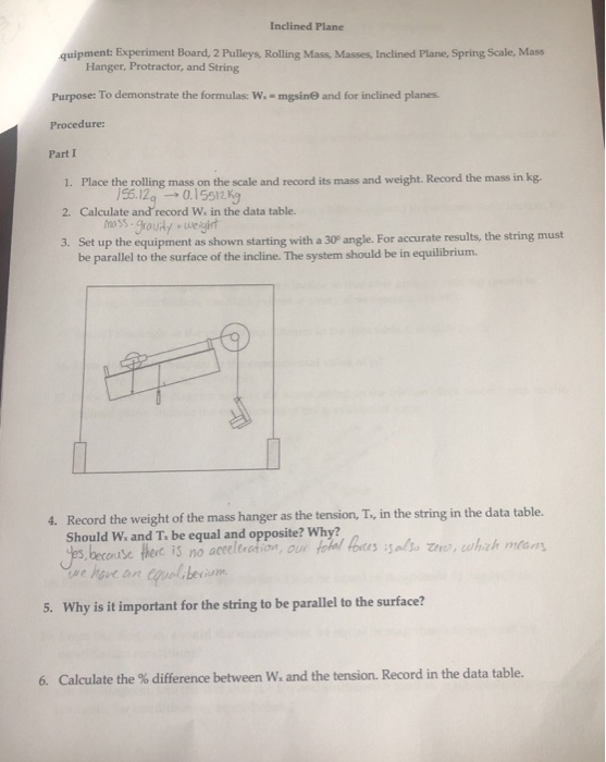 Solved Inclined Plane quipment: Experiment Board, 2 Pulleys, | Chegg.com