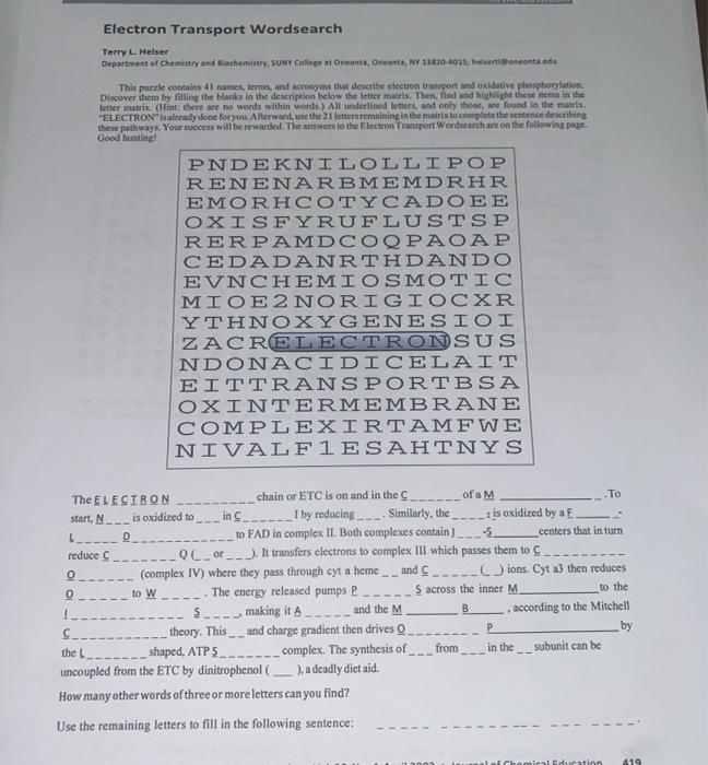 In the Classroom Electron Transport Wordsearch Terry | Chegg.com