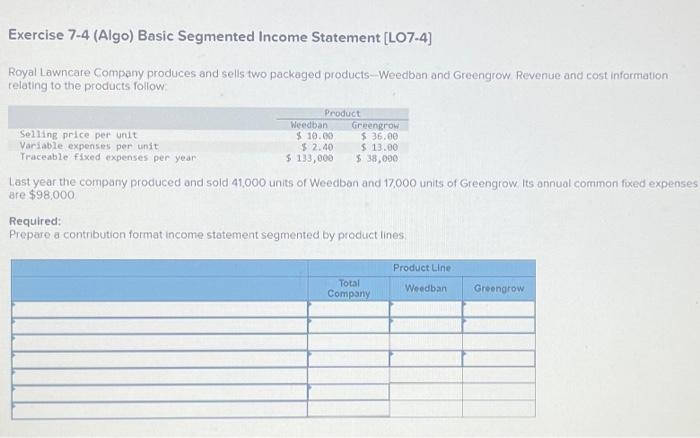Solved Exercise 7-4 (Algo) Basic Segmented Income Statement | Chegg.com