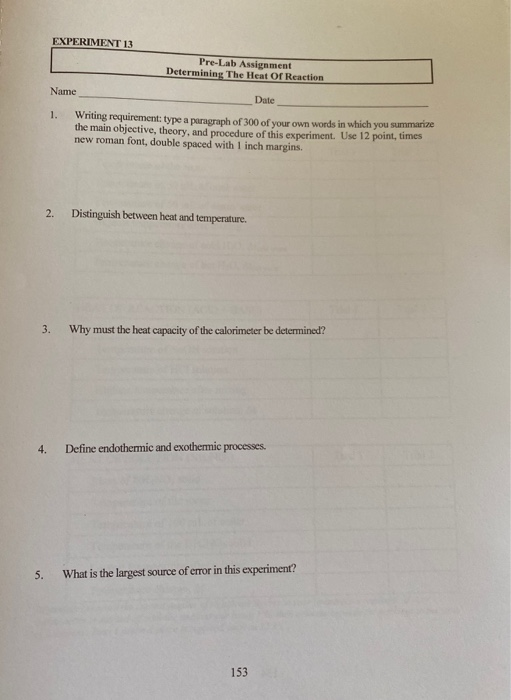 Solved EXPERIMENT 13 Pre-Lab Assignment Determining The Heat | Chegg.com