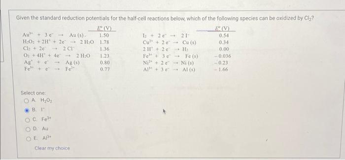 Solved Given the standard reduction potentials for the | Chegg.com