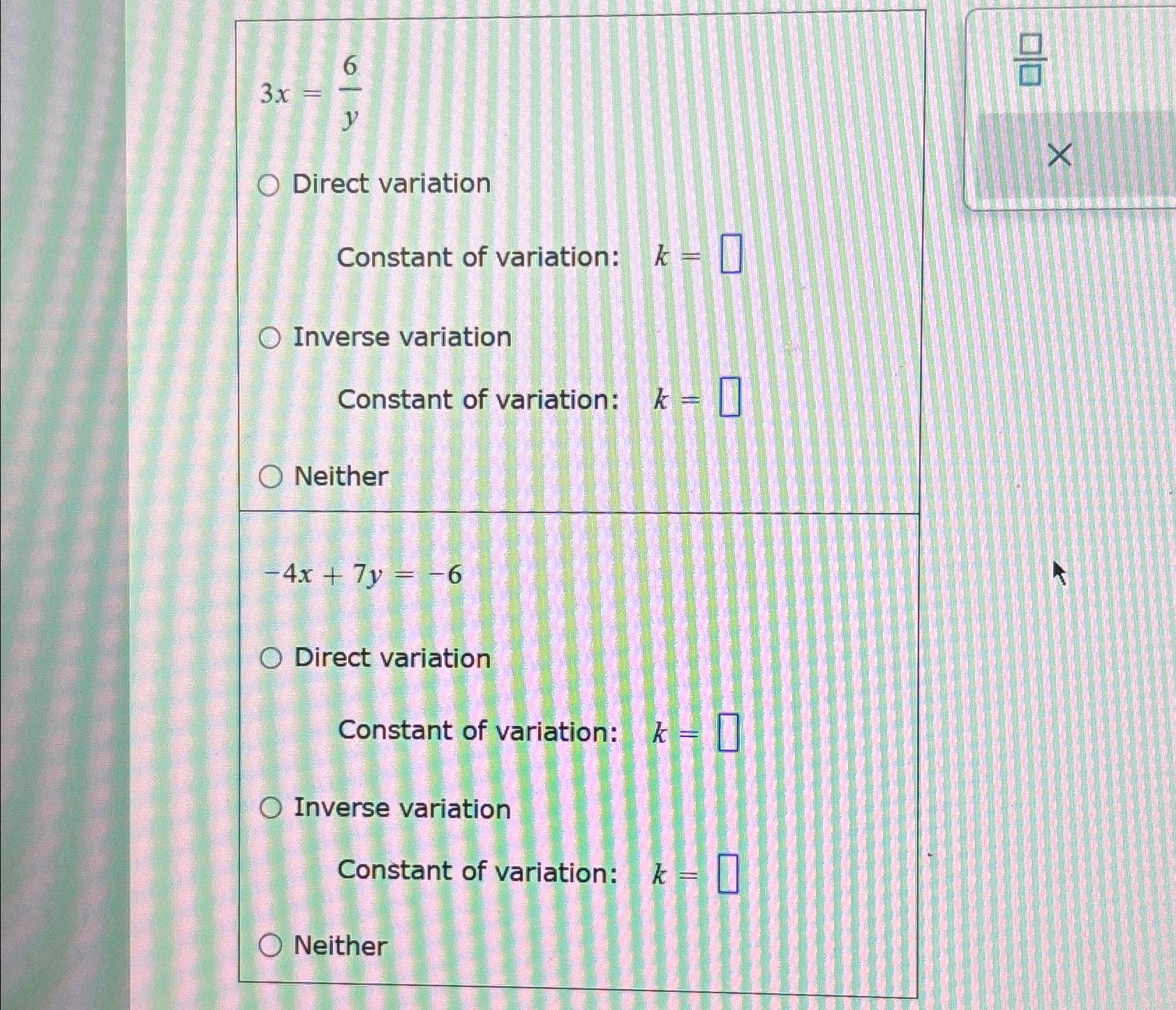 Solved 3x=6yDirect variationConstant of variation: k=Inverse | Chegg.com