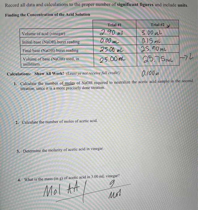 Solved Record all data and calculations to the proper number | Chegg.com