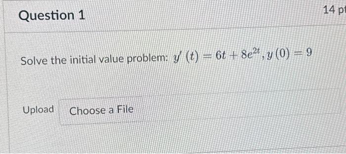 Solved Solve the initial value problem: y′(t)=6t+8e2t,y(0)=9 | Chegg.com