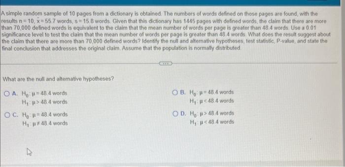 Solved A simple random sample of 10 pages from a dictionary | Chegg.com