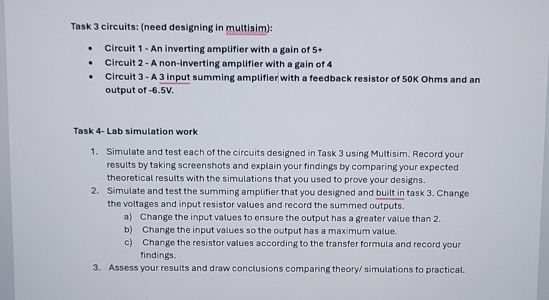 Solved Task 3 circuits: (need designing in multisim): - | Chegg.com