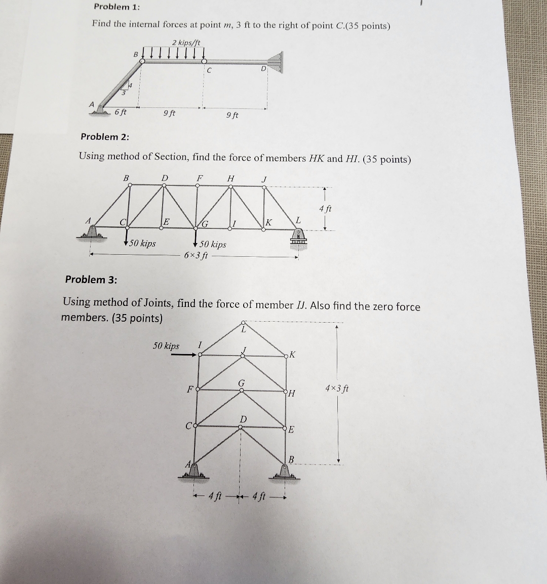 Solved Problem 1:Find the internal forces at point m,3ft ﻿to | Chegg.com
