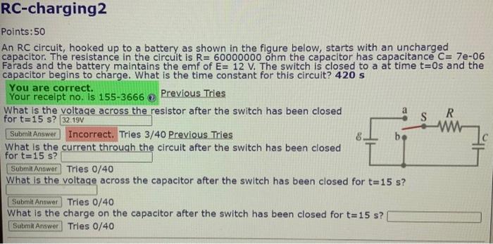 Solved RC-charging2 Points:50 An RC circuit, hooked up to a | Chegg.com