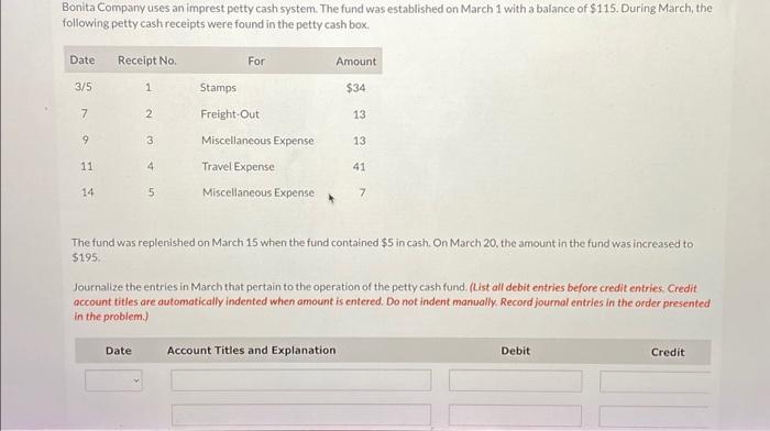 Solved Bonita Company uses an imprest petty cash system. The | Chegg.com