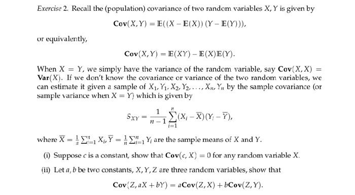 Solved Exercise 2. Recall the population) covariance of twe | Chegg.com