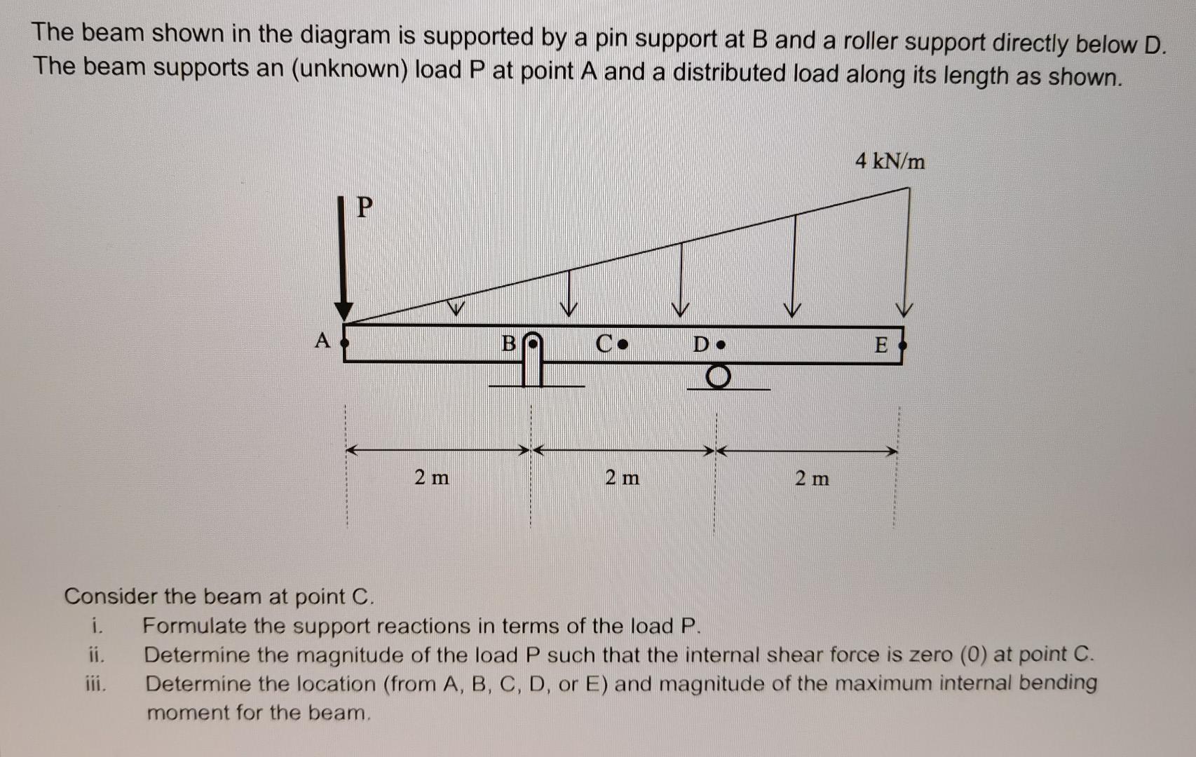 Solved The beam shown in the diagram is supported by a pin | Chegg.com