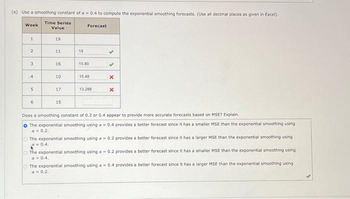 Solved (e) Use a smoothing constant of a =0,4 to compute the | Chegg.com