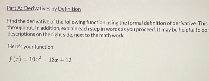 Solved Part A: Derivatives by Definition Find the derivative | Chegg.com