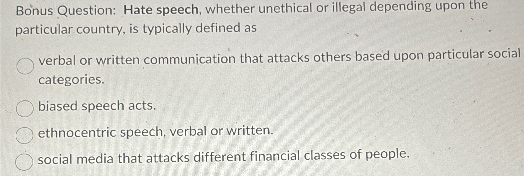 Solved Bonus Question: Hate speech, whether unethical or | Chegg.com