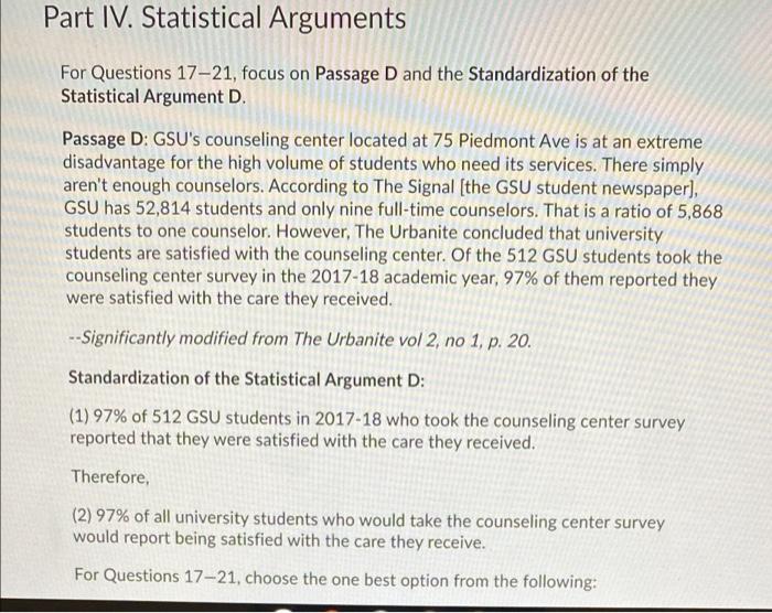 Solved Part IV. Statistical Arguments For Questions 17-21, | Chegg.com