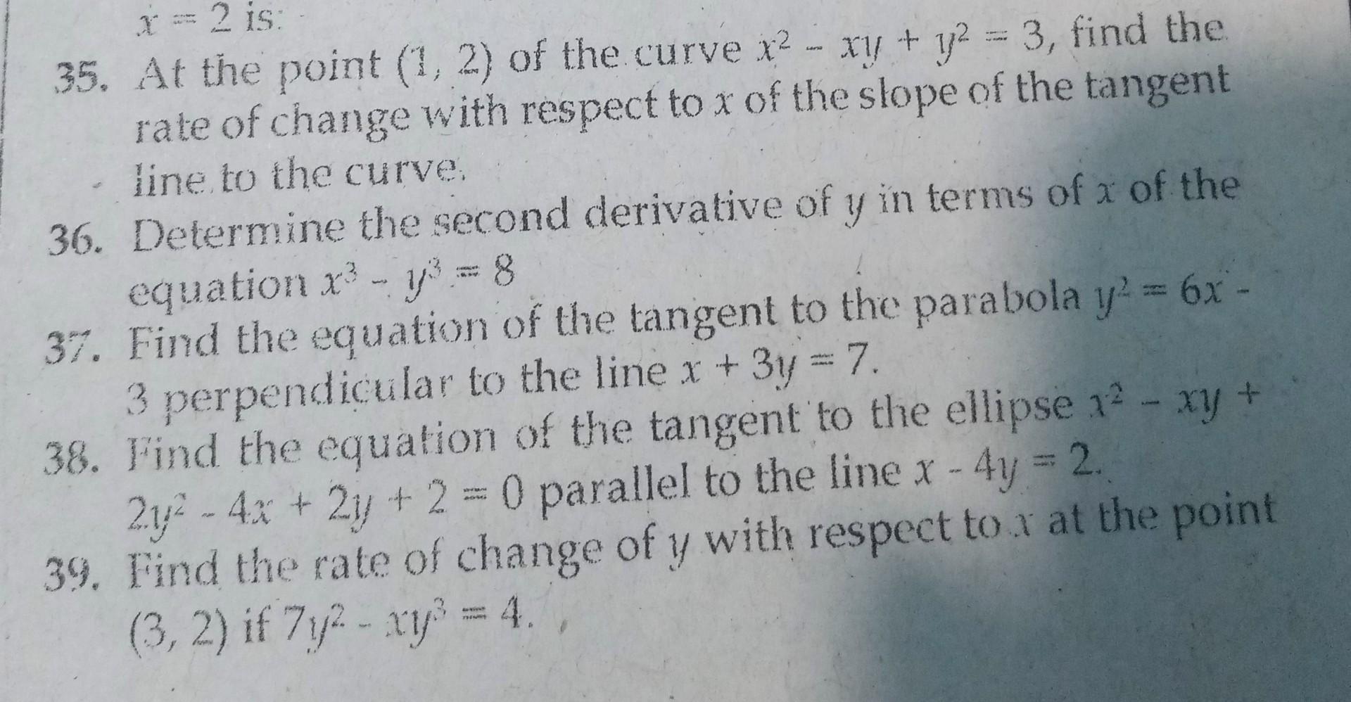 Solved 35. At the point (1,2) of the curve x2−xy+y2=3, find | Chegg.com