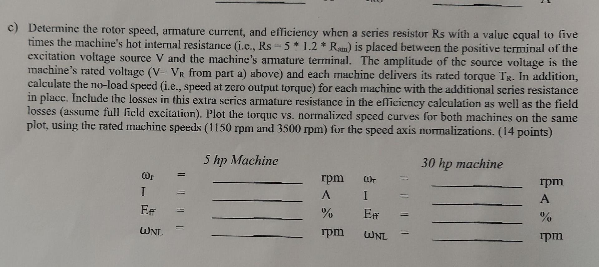 c) Determine the rotor speed, armature current, and | Chegg.com