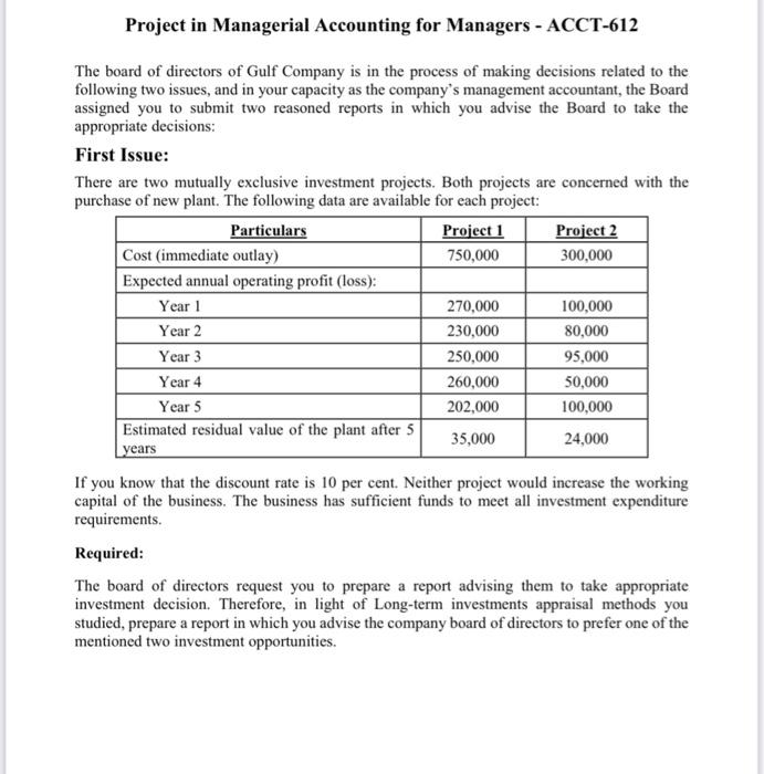 Solved Project in Managerial Accounting for Managers - | Chegg.com