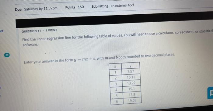 Solved Find the linear regression line for the following | Chegg.com