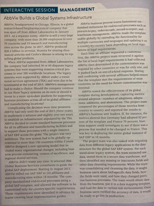 Solved INTERACTIVE SESSION MANAGEMENT AbbVie Builds a Global | Chegg.com