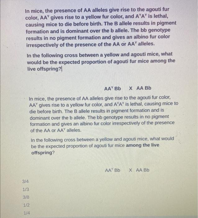 Solved In mice, the presence of AA alleles give rise to the | Chegg.com