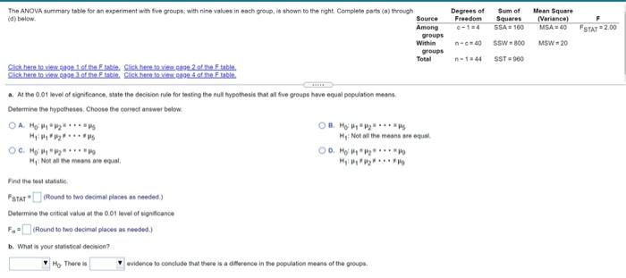 Solved Degrees of Freedom C-134 Sum of Squares SSA= 160 SSW | Chegg.com