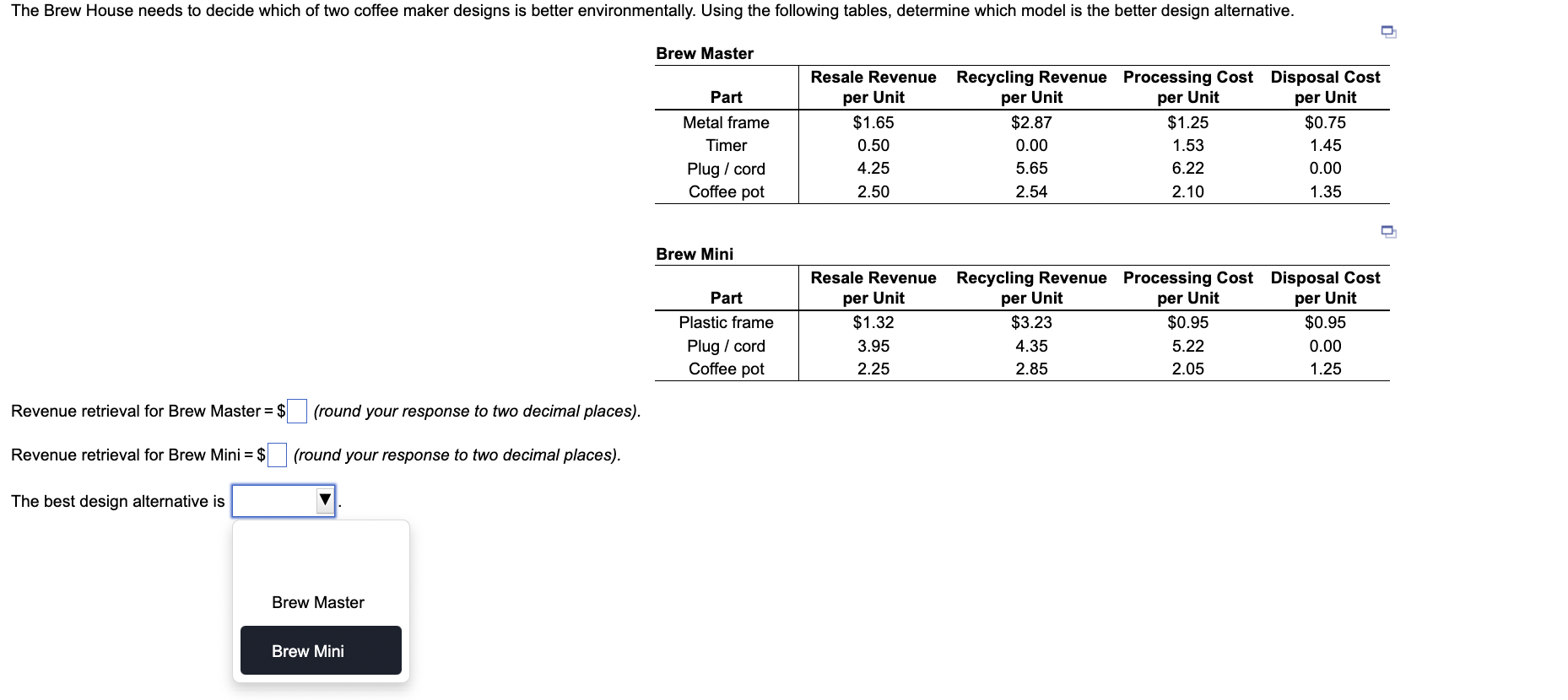 Solved Revenue retrieval for Brew Master =$, (round your | Chegg.com