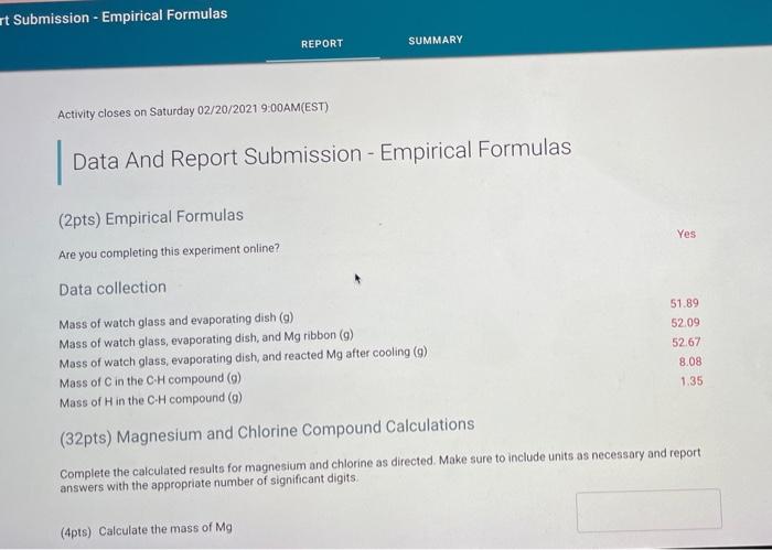 et Submission - Empirical Formulas REPORT SUMMARY | Chegg.com