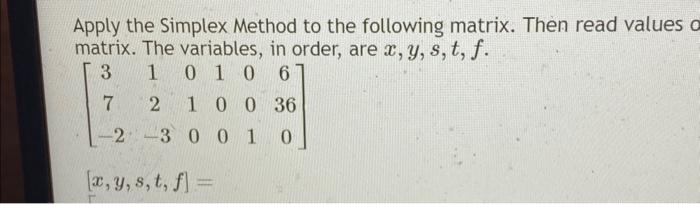 Solved Apply the Simplex Method to the following matrix. | Chegg.com