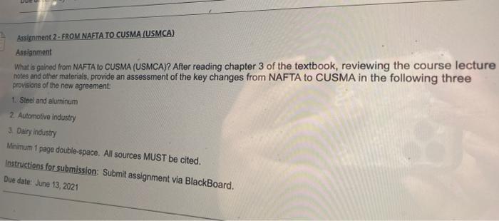 Solved Assignment 2- FROM NAFTA TO CUSMA (USMCA) Assignment | Chegg.com