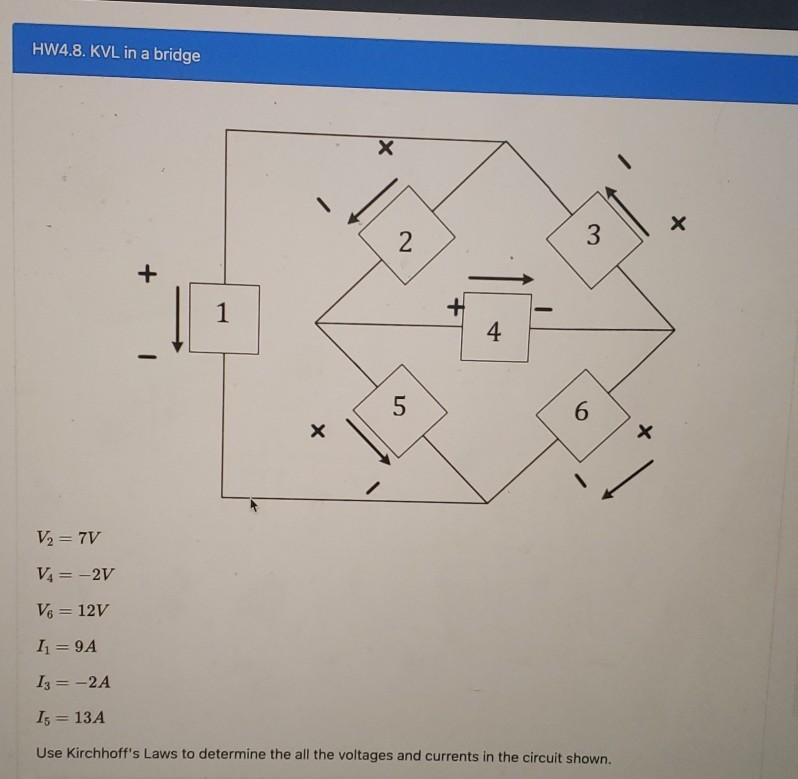 Solved HW4.8. KVL in a bridge x Х Х 2 3 + 1 4 5 6 Х х 1 V2 = | Chegg.com