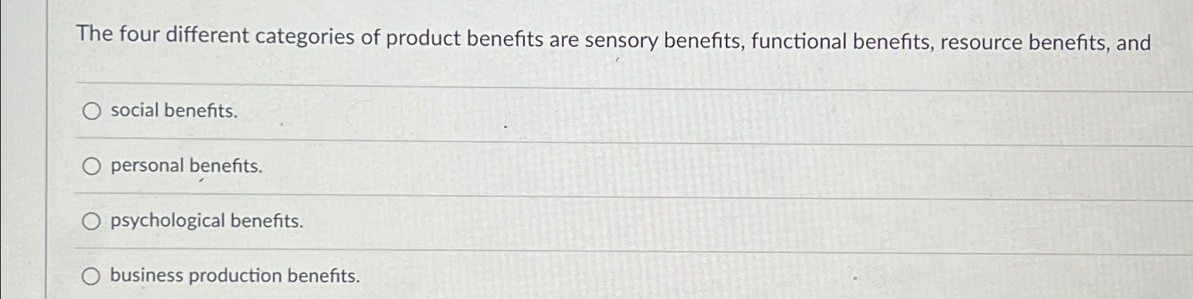 Solved The four different categories of product benefits are | Chegg.com