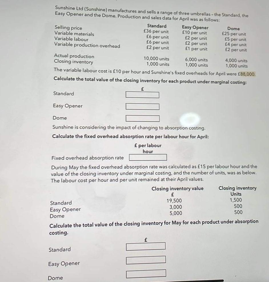 Solved Sunshine Ltd (Sunshine) ﻿manufactures and sells a | Chegg.com