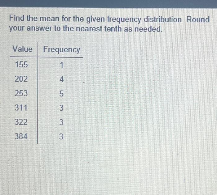 Solved Find the mean for the given frequency distribution. | Chegg.com