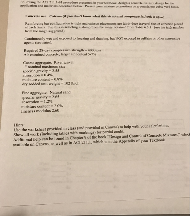 Following the ACI 211.1-91 procedure presented in | Chegg.com