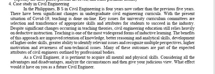 Solved 4. Case study in Civil Engineering In the | Chegg.com