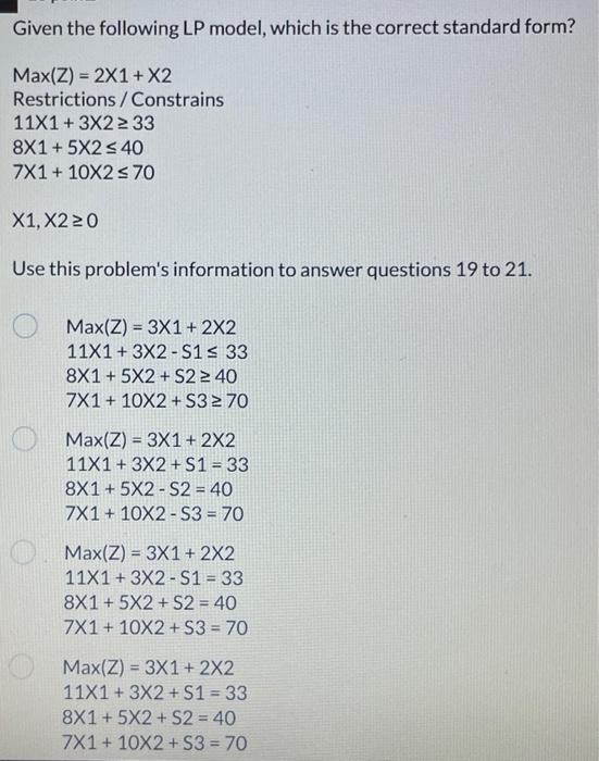 Solved Given the following LP model, which is the correct | Chegg.com